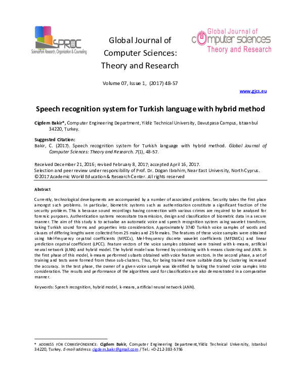 (PDF) Speech recognition system for Turkish language with hybrid method