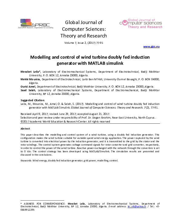 Pdf Modelling And Control Of Wind Turbine Doubly Fed Induction Generator With Matlab Simulink