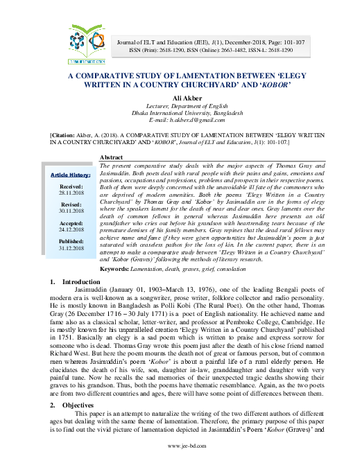 (PDF) A COMPARATIVE STUDY OF LAMENTATION BETWEEN "ELEGY WRITTEN IN A ...