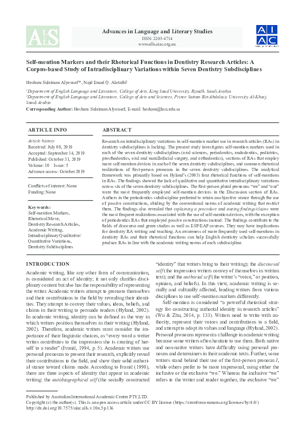 (PDF) Self-mention Markers and their Rhetorical Functions in Dentistry ...