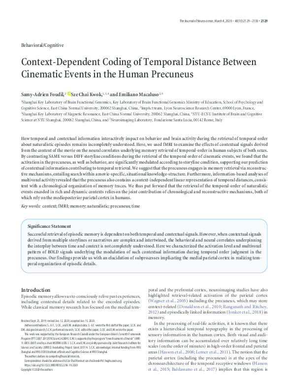 (PDF) Context-Dependent Coding of Temporal Distance Between Cinematic Events in the Human Precuneus