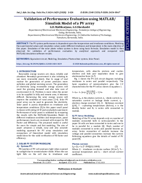 Pdf Validation Of Performance Evaluation Using Matlab Simulink Model Of A Pv Array