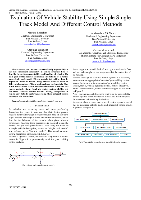 (PDF) Evaluation Of Vehicle Stability Using Simple Single Track Model ...