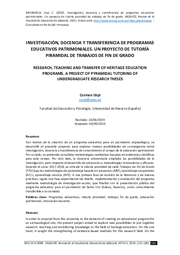 (PDF) Investigación, docencia y transferencia de programas educativos patrimoniales. Un proyecto ...