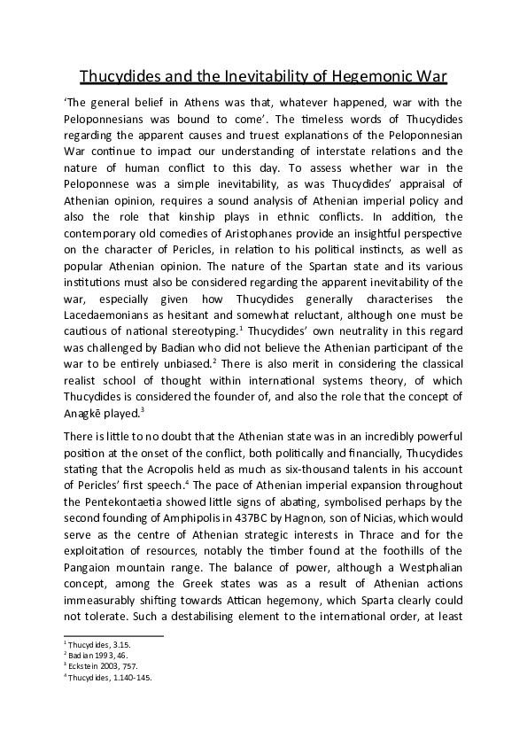 (DOC) Thucydidean Realism: The Inevitability of Hegemonic War