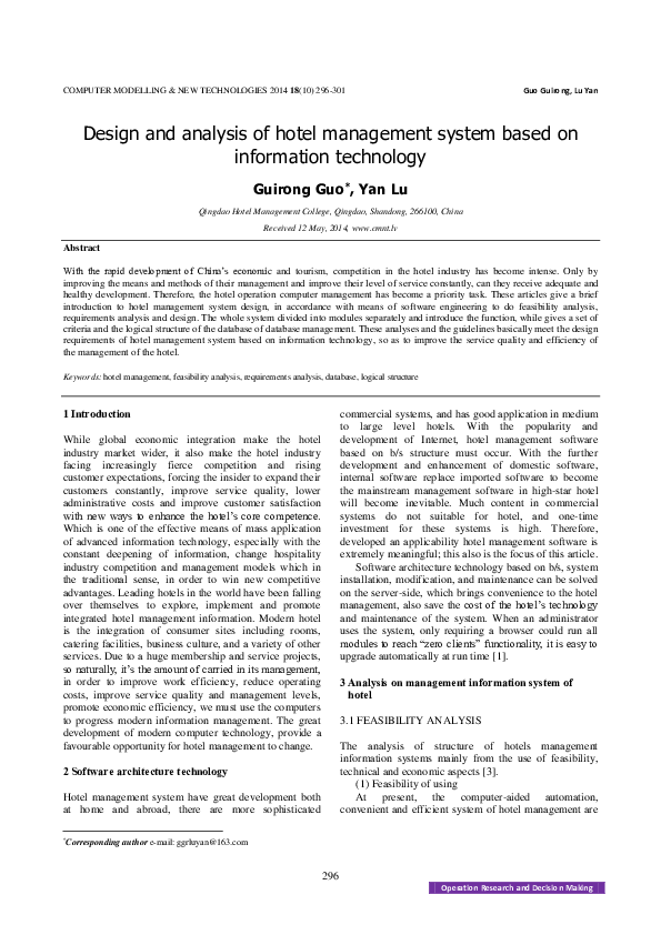 (PDF) Design and analysis of hotel management system based on ...