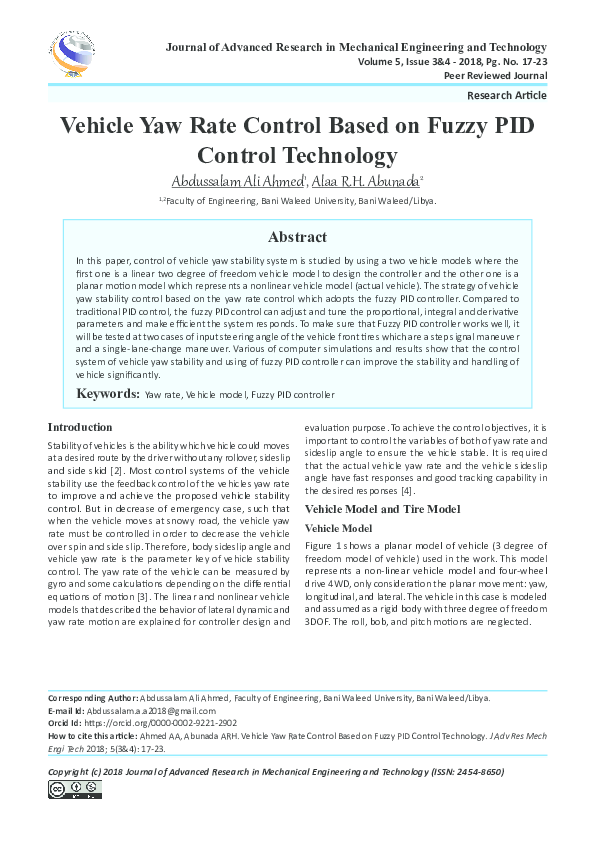 (PDF) Vehicle Yaw Rate Control Based on Fuzzy PID Control Technology