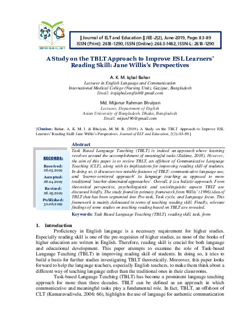 (PDF) A Study on the TBLT Approach to Improve ESL Learners' Reading ...