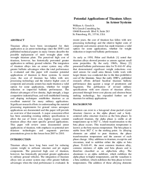 (PDF) Potential Applications of Titanium Alloys in Armor Systems
