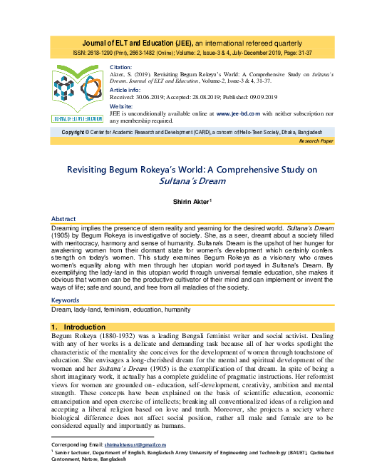 (PDF) Revisiting Begum Rokeya’s World: A Study on Sultana’s Dream