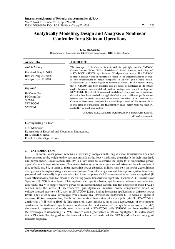 (PDF) Analytically Modeling, Design and Analysis a Nonlinear Controller for a Statcom Operations