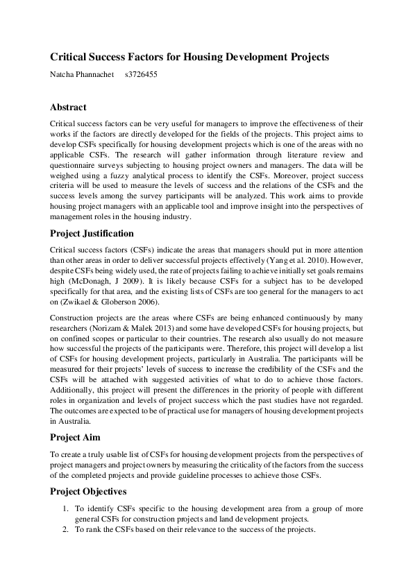 (PDF) Critical Success Factors for Housing Development Projects
