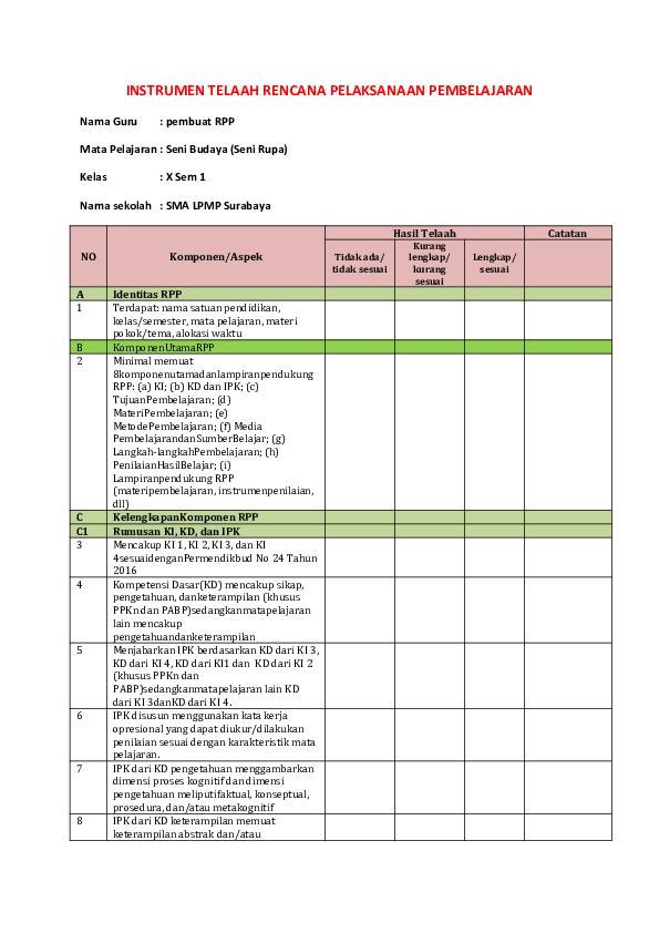 (DOC) INSTRUMEN TELAAH RENCANA PELAKSANAAN PEMBELAJARAN Nama Guru : pembuat RPP