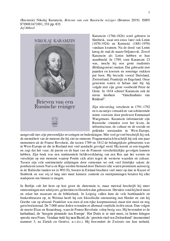 (PDF) Jef Abbeel (Recensie) Nikolaj Karamzin, Brieven van een Russische ...