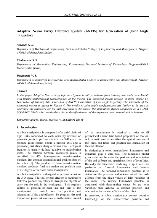 (PDF) Adaptive Neuro Fuzzy Inference System (ANFIS) for Generation of Joint Angle Trajectory