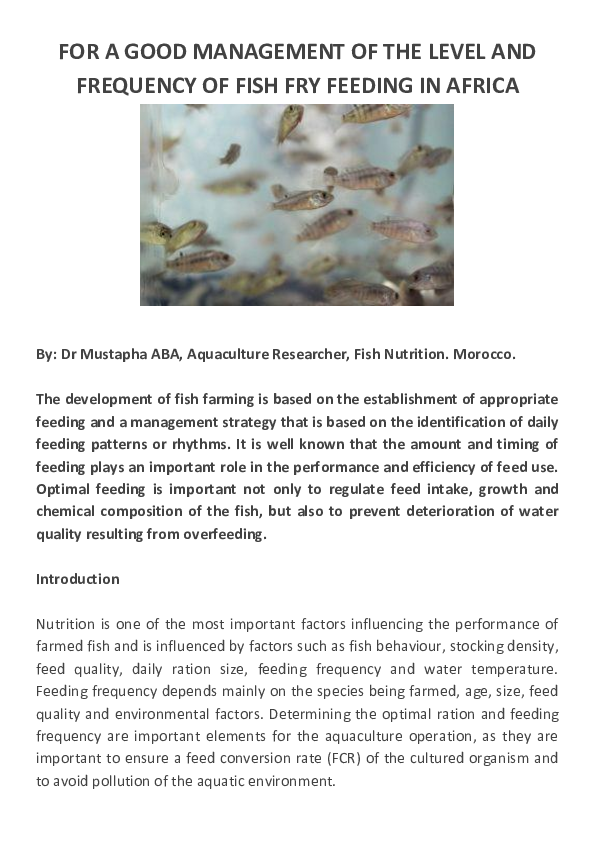 (PDF) FOR A GOOD MANAGEMENT OF THE LEVEL AND FREQUENCY OF FISH FRY ...