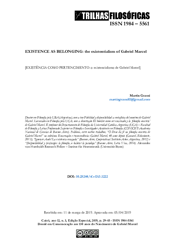 (PDF) EXISTENCE AS BELONGING: the existentialism of Gabriel Marcel