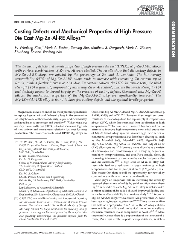 (PDF) Casting defects and mechanical properties of high pressure die cast Mg-Zn-Al-RE alloys