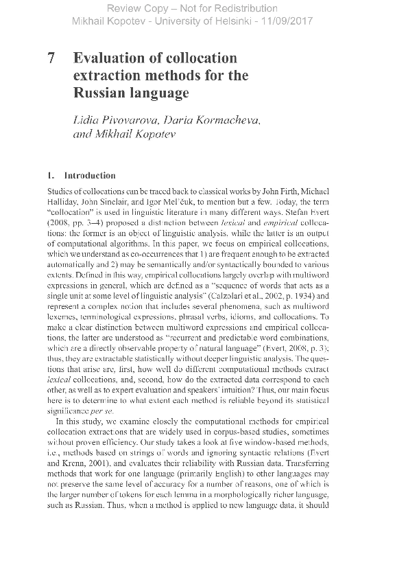 Pdf Evaluation Of Collocation Extraction Methods For The Russian Language