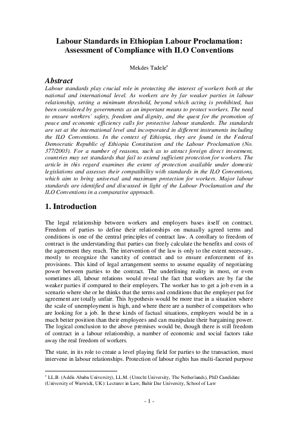 (PDF) Labour Standards in Ethiopian Labour Proclamation: Assessment of ...