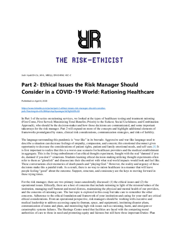 (PDF) Part 2-Ethical Issues the Risk Manager Should Consider in a COVID ...