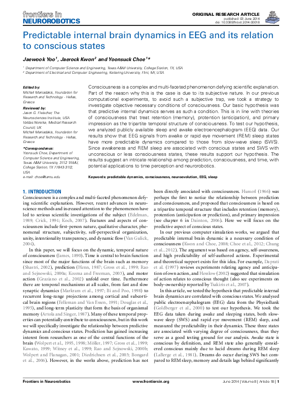 Pdf Predictable Internal Brain Dynamics In Eeg And Its Relation To Conscious States