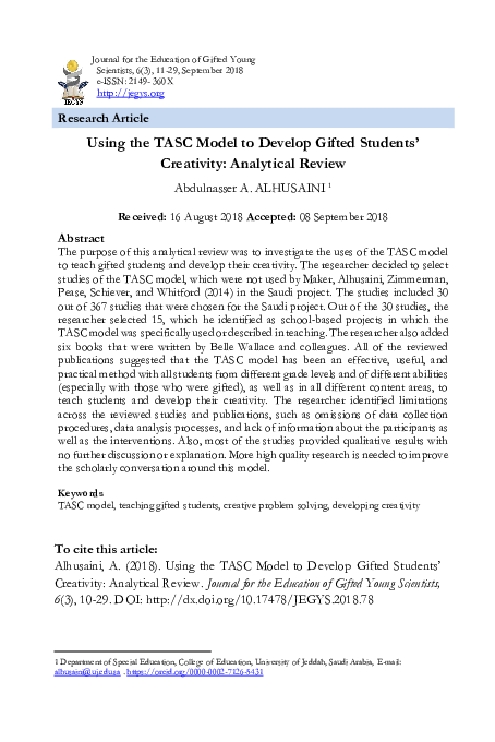 (PDF) Using the TASC Model to Develop Gifted Students’ Creativity ...