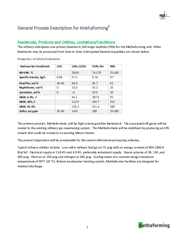 (PDF) General Process Description for Methaforming ® Feedstocks ...
