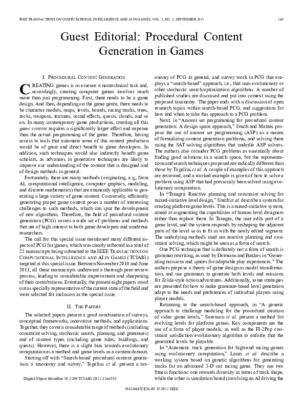 (PDF) Guest Editorial: Procedural Content Generation in Games