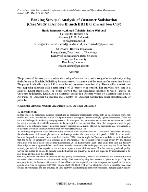 (PDF) Banking Servqual Analysis of Customer Satisfaction (Case Study at Ambon Branch BRI Bank in ...