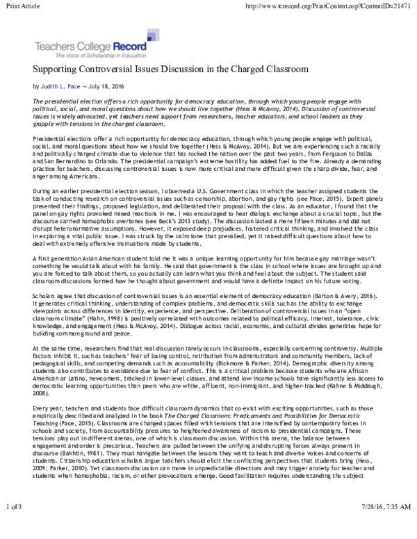 (PDF) Supporting Controversial Issues Discussion in the Charged Classroom