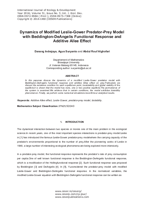 (PDF) Dynamics of Modified Leslie-Gower Predator-Prey Model with Beddington-DeAngelis Functional ...