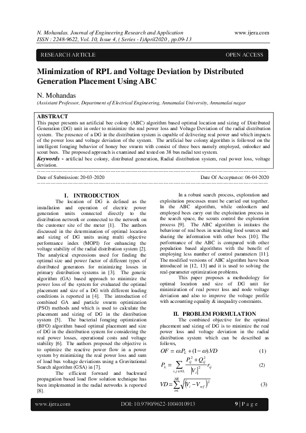 Pdf Minimization Of Rpl And Voltage Deviation By Distributed Generation Placement Using Abc