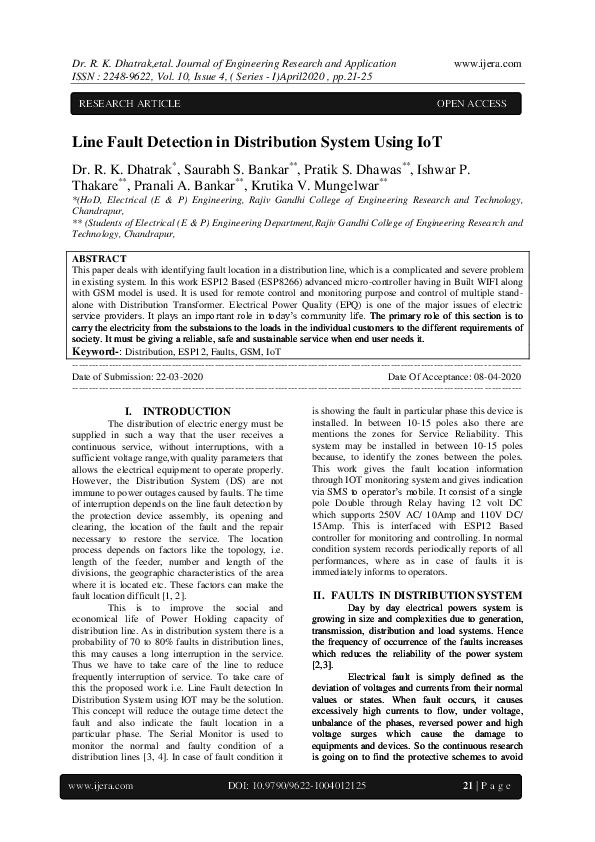 Pdf Line Fault Detection In Distribution System Using Iot