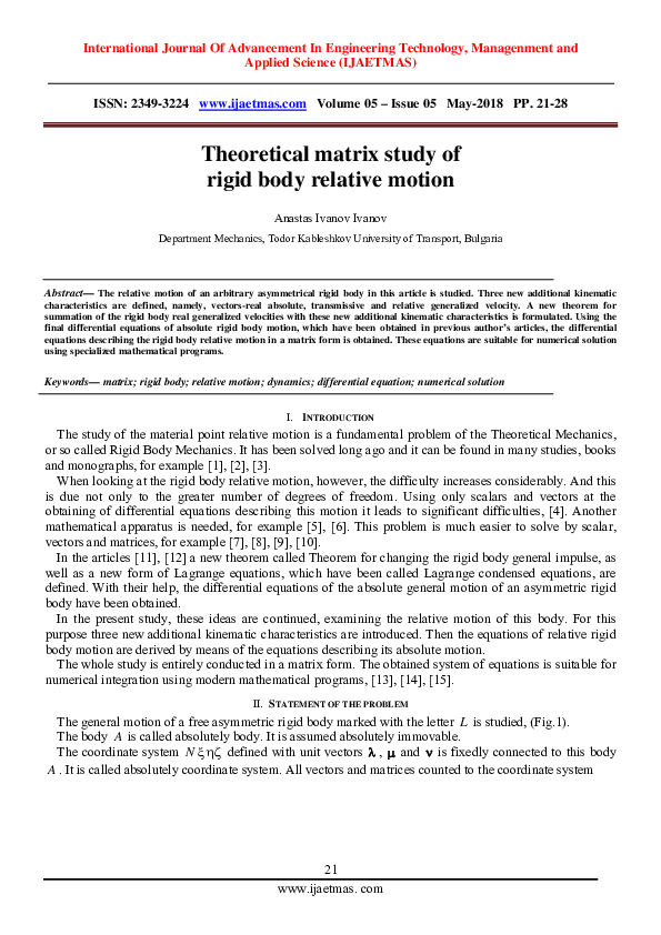 (PDF) THEORETICAL MATRIX STUDY OF RIGID BODY RELATIVE MOTION