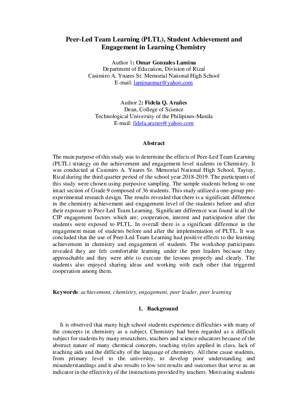 (PDF) Peer-Led Team Learning (PLTL), Student Achievement and Engagement ...
