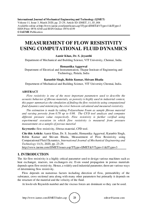 (PDF) MEASUREMENT OF FLOW RESISTIVITY USING COMPUTATIONAL FLUID DYNAMICS