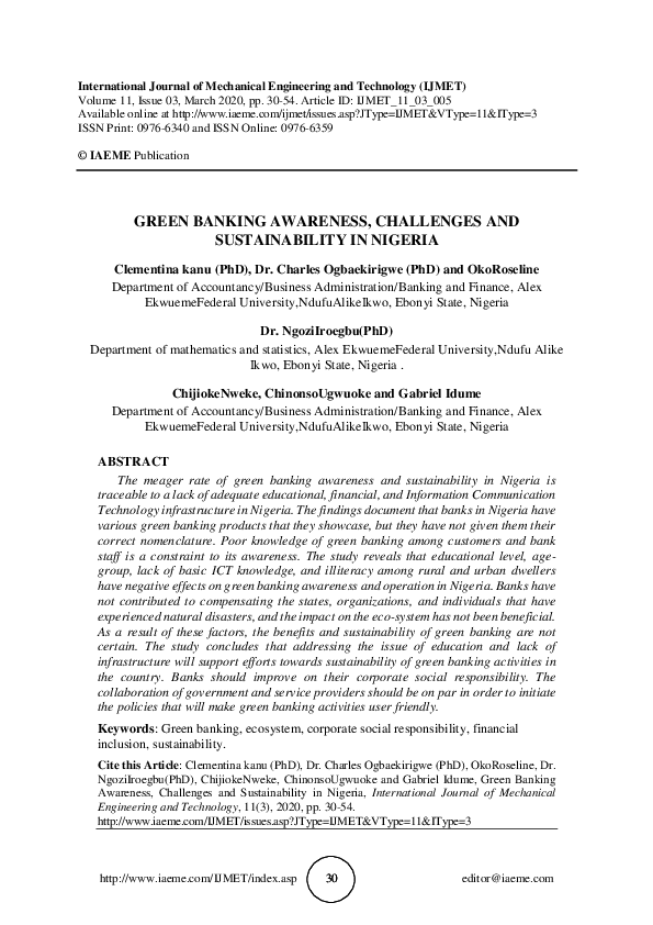 (PDF) GREEN BANKING AWARENESS, CHALLENGES AND SUSTAINABILITY IN NIGERIA