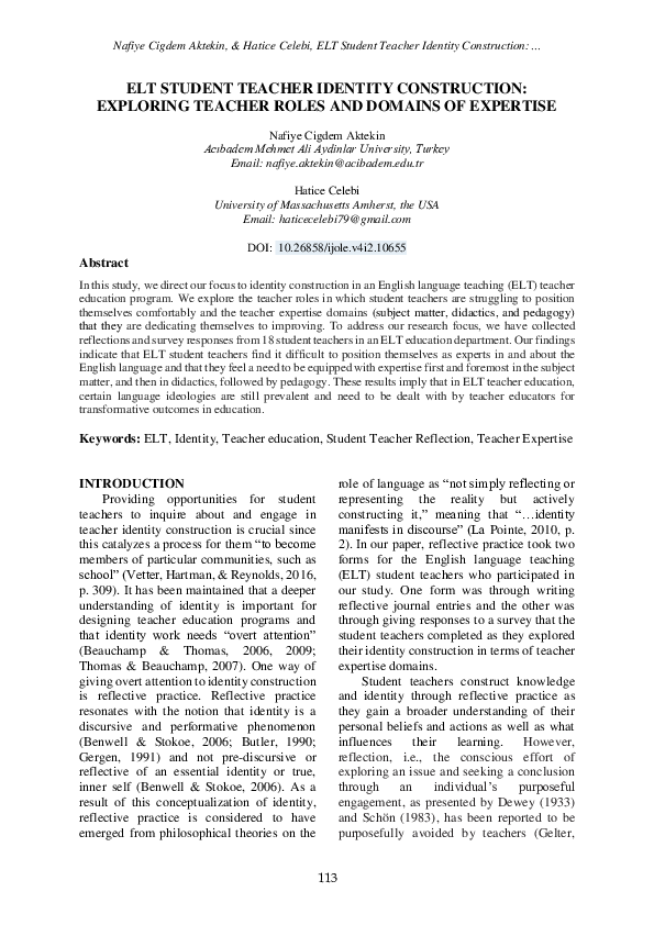 (PDF) ELT STUDENT TEACHER IDENTITY CONSTRUCTION: EXPLORING TEACHER ...