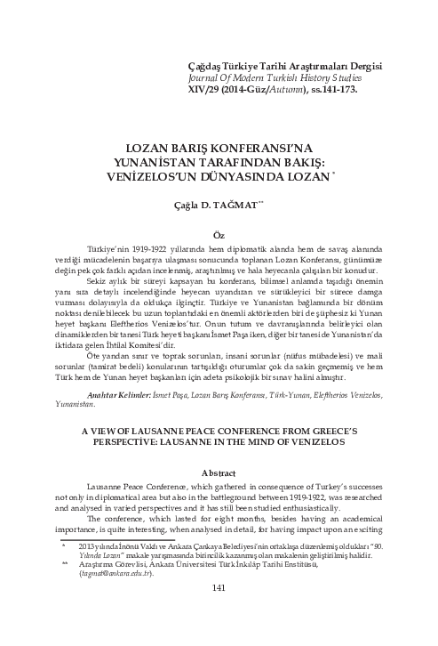 (PDF) LOZAN BARIŞ KONFERANSI’NA YUNANİSTAN TARAFINDAN BAKIŞ VENİZELOS’UN DÜNYASINDA LOZAN ...