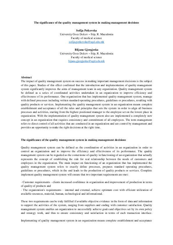 (PDF) The Importance of Quality Management System