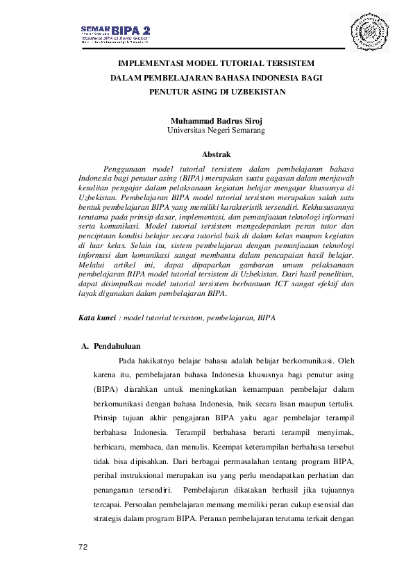 (PDF) IMPLEMENTASI MODEL TUTORIAL TERSISTEM DALAM PEMBELAJARAN BAHASA INDONESIA BAGI PENUTUR ...