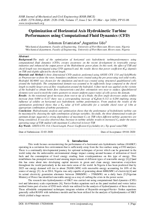 Pdf Optimization Of Horizontal Axis Hydrokinetic Turbine Performances Using Computational