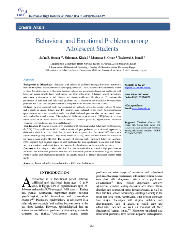 (PDF) Behavioral and Emotional Problems among Adolescent Students
