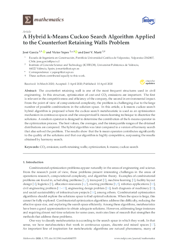 Pdf A Hybrid K Means Cuckoo Search Algorithm Applied To The Counterfort Retaining Walls Problem
