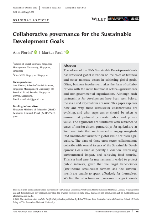 (PDF) Collaborative Governance for the Sustainable Development Goals