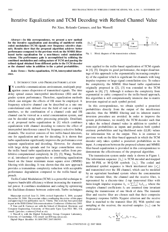 (PDF) Iterative Equalization and TCM Decoding with Refined Channel Value