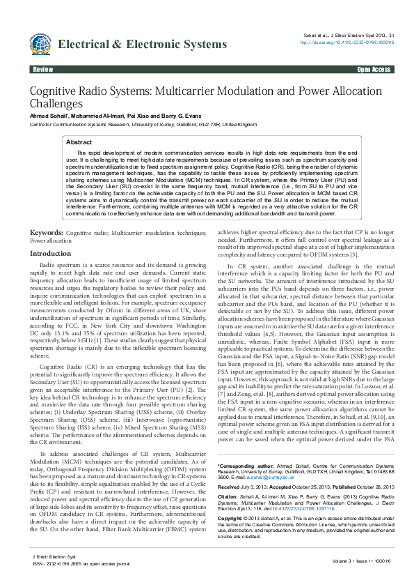 Pdf Cognitive Radio Systems Multicarrier Modulation And Power Allocation Challenges