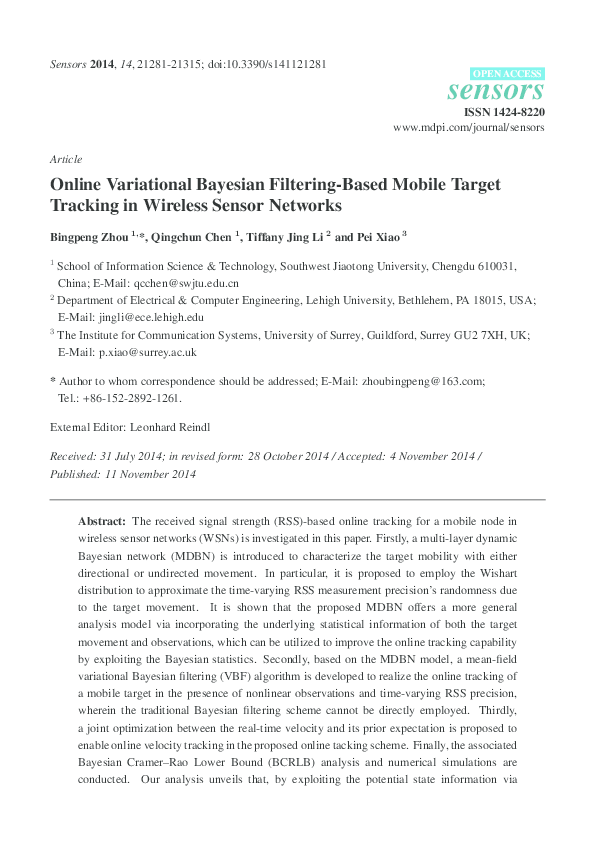 Pdf Online Variational Bayesian Filtering Based Mobile Target Tracking In Wireless Sensor Networks