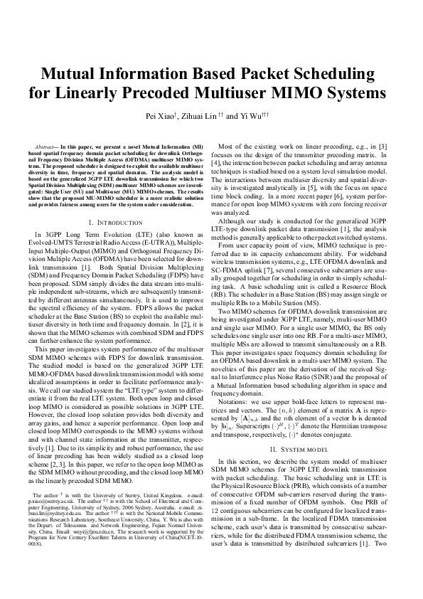 (PDF) Mutual Information Based Packet Scheduling for Linearly Precoded Multiuser MIMO Systems